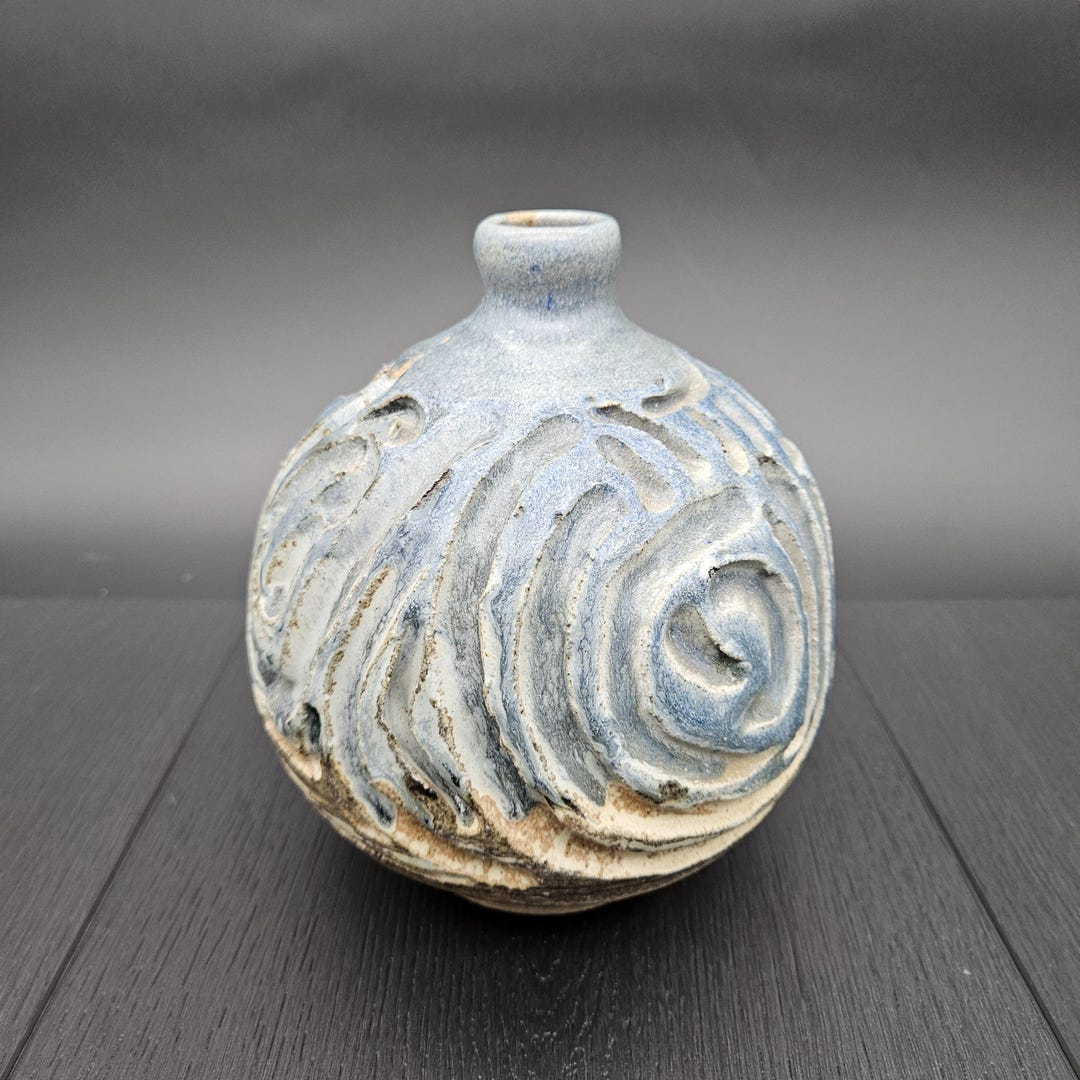 Handcrafted Pottery Vase - Spherical Shape With Blue Glaze - Signed ...