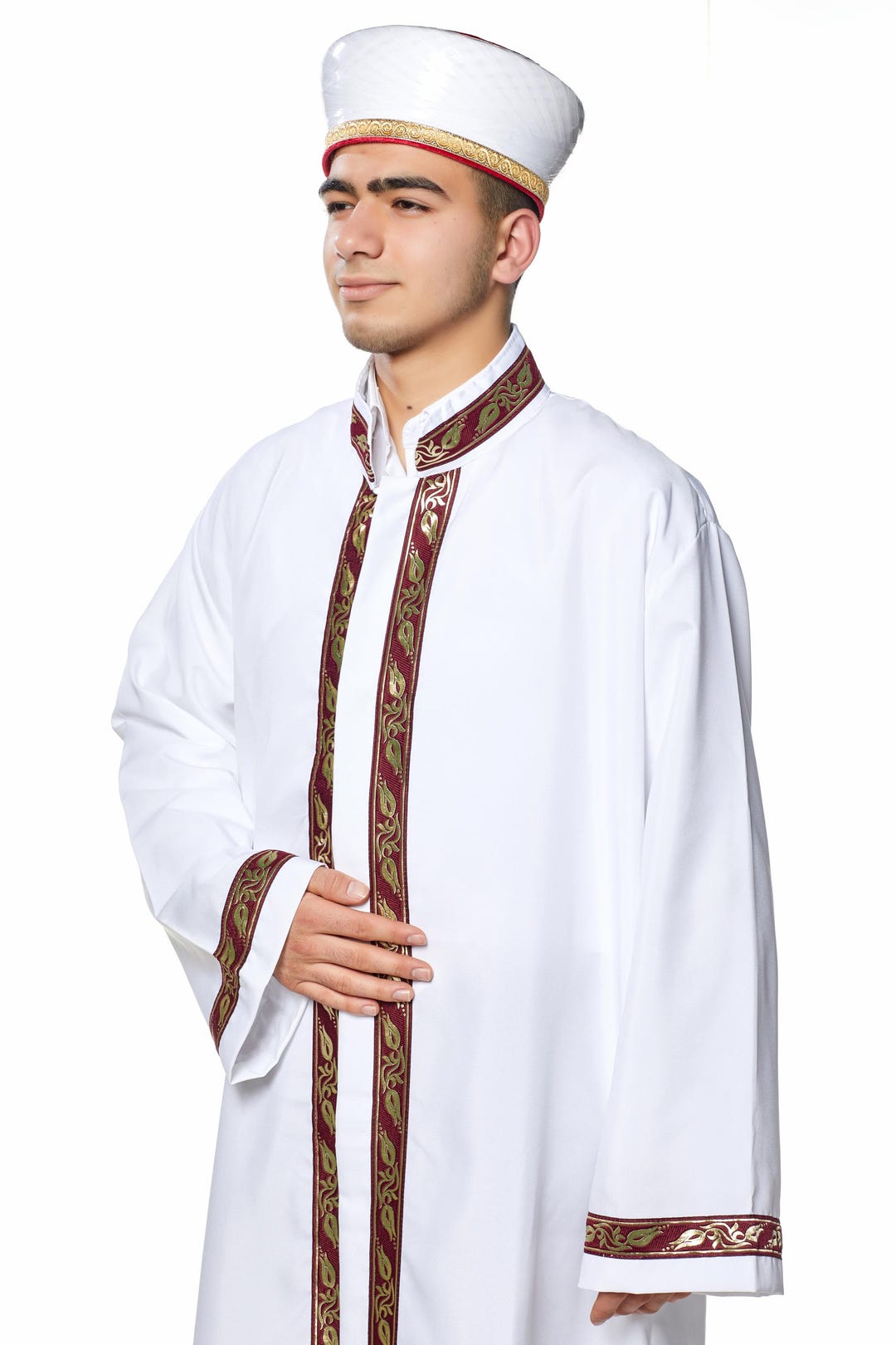 Kādis Mens Islamic Wear White Thobe With Bordures, White Daffah, Thawb ...