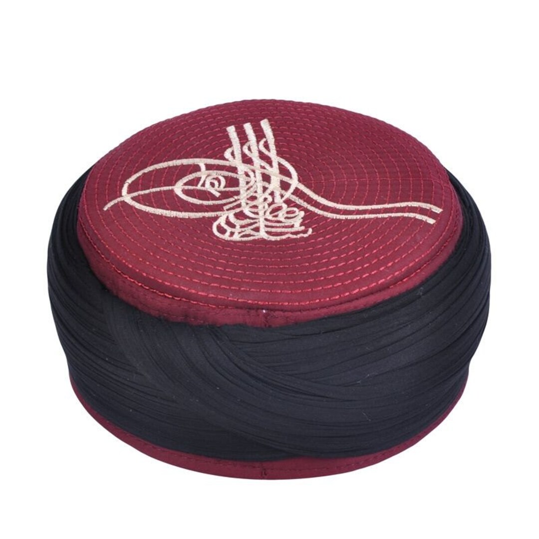 Hand Made Islamic Prayer Hat - Claret Red & Black Tughra Embroidered ...