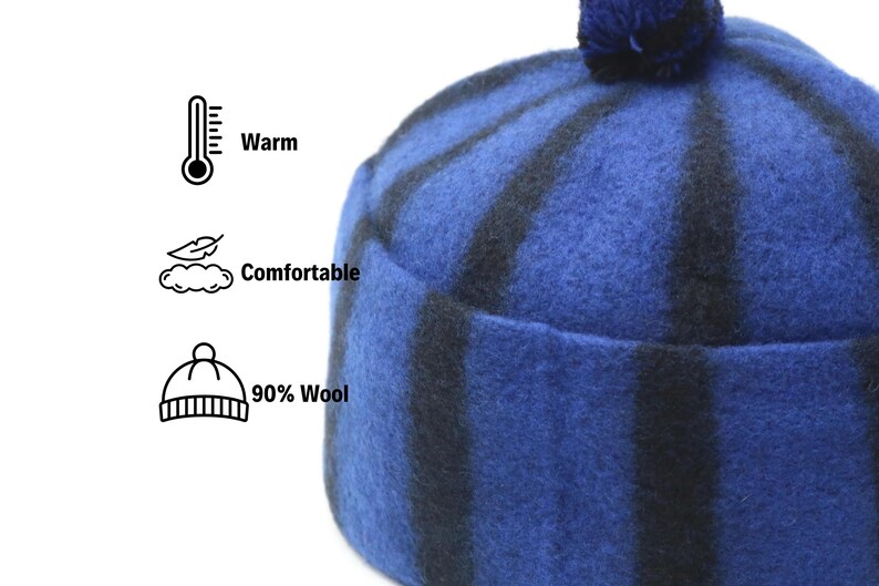 Handcrafted Blue and Black Striped Wool Hat With Pom-pom, Cozy Autumn ...