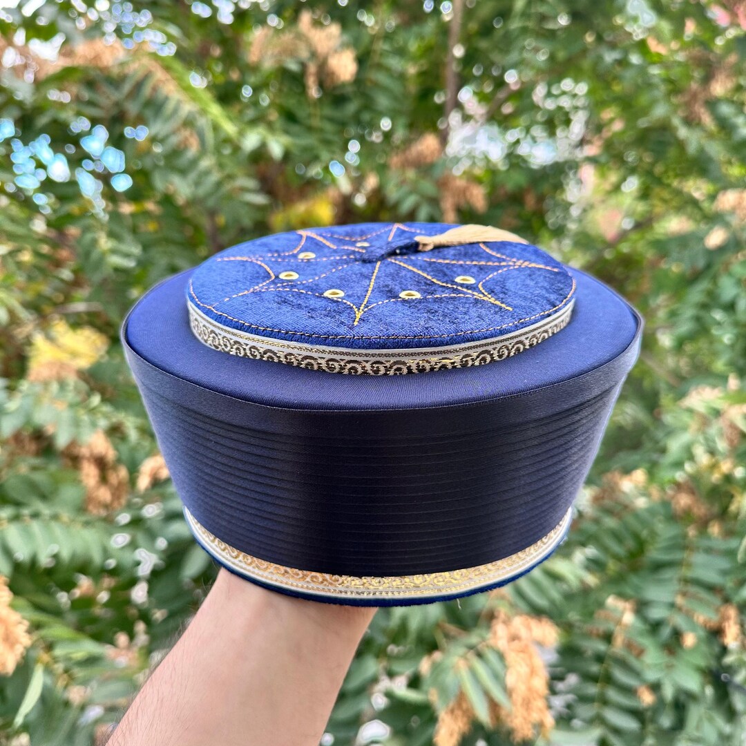 Royal Blue and Gold Classic Fez Imamah, Islamic Hat, Taqiyyah Islamic ...
