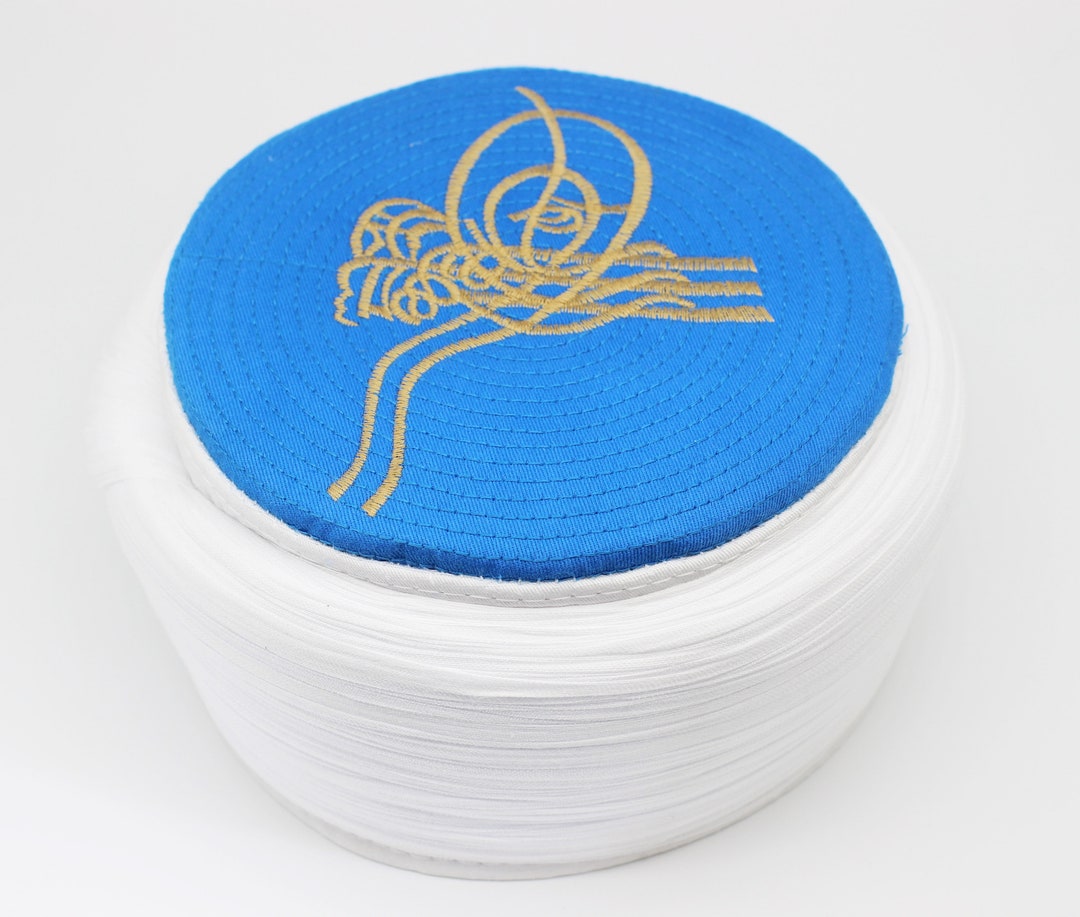 Handmade White & Blue Sarik, Takke, Islam Prayer Hat With Embroidered ...