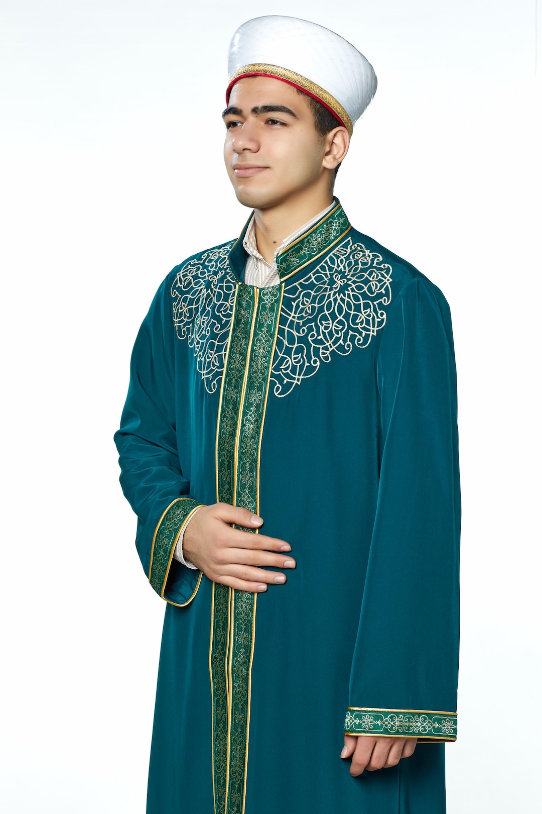 Kayrevan Green Muslim Long Kurta, Islamic Mens Wear, Embroidered Thobe ...
