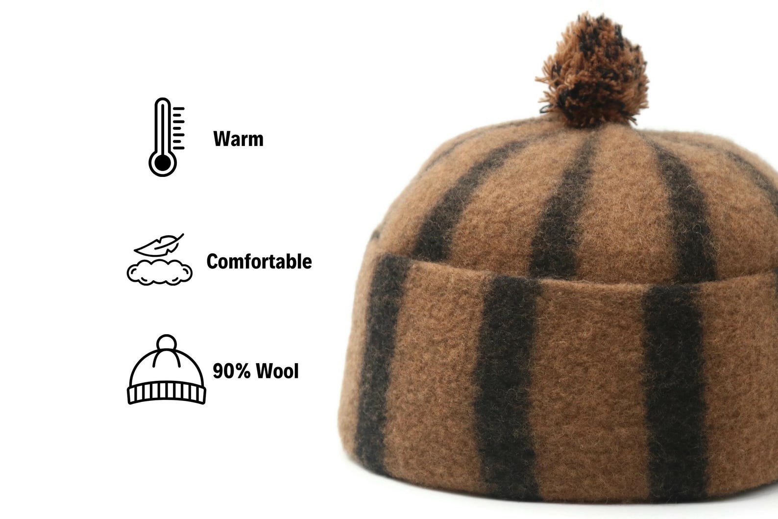 Handcrafted Light Brown and Black Striped Wool Hat With Pom-pom, Cozy ...