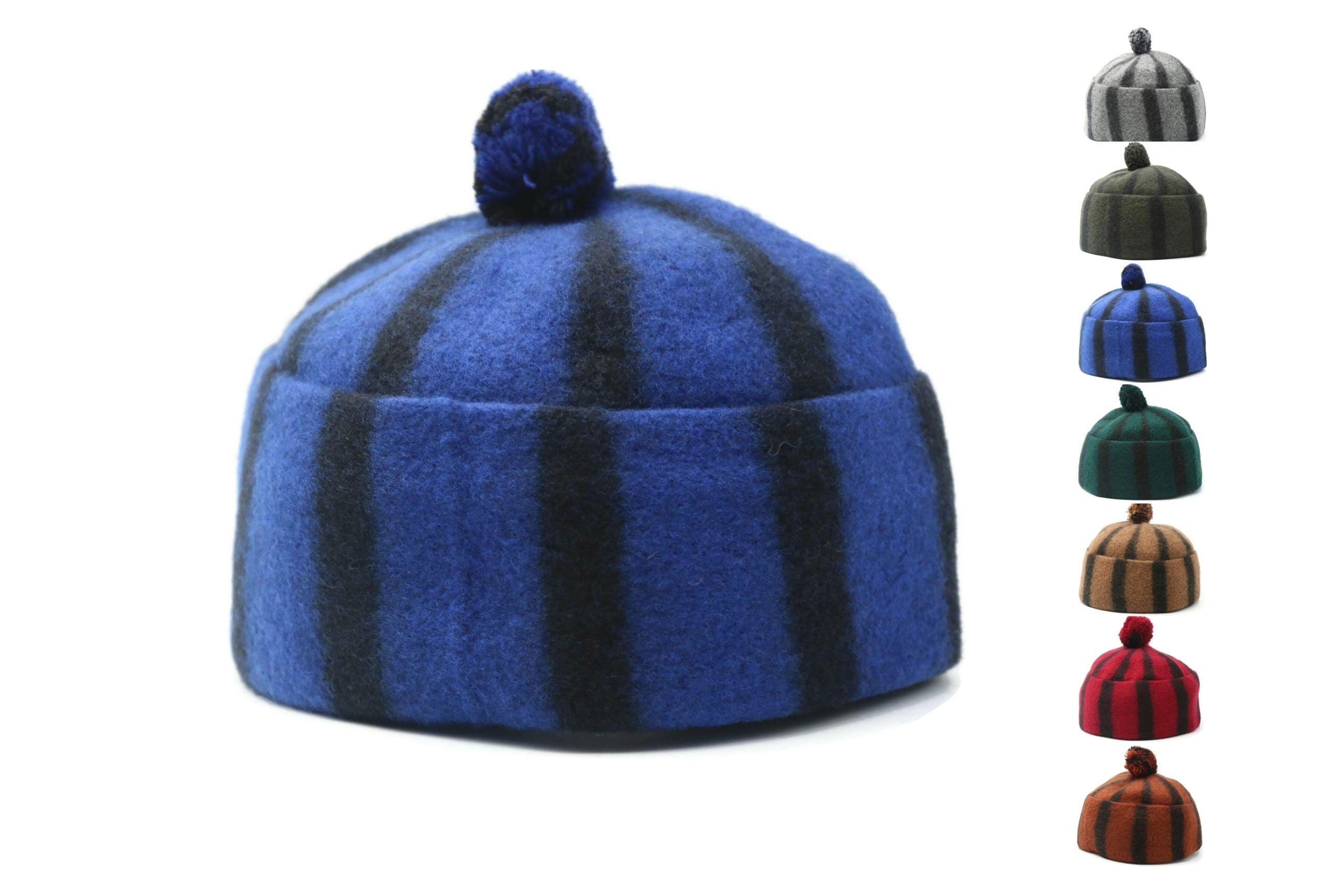 Handcrafted Blue and Black Striped Wool Hat With Pom-pom, Cozy Autumn ...