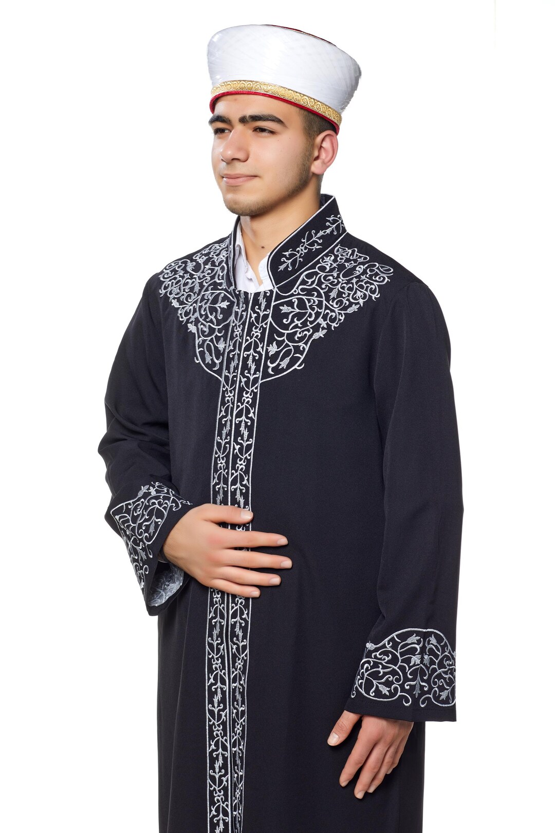 Mirac Black Muslim Long Kurta, Islamic Mens Wear, Embroidered Thobe ...