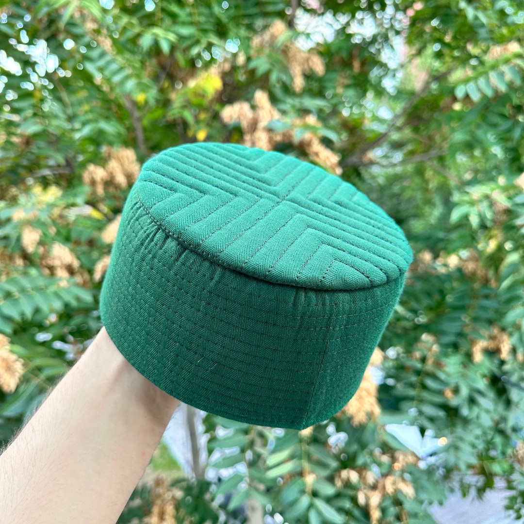 Green Geometric Design Kufi Hat, Muslim Cap, Taqiya Takke Peci, Rigid ...