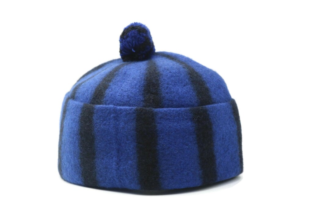 Handcrafted Blue and Black Striped Wool Hat With Pom-pom, Cozy Autumn ...