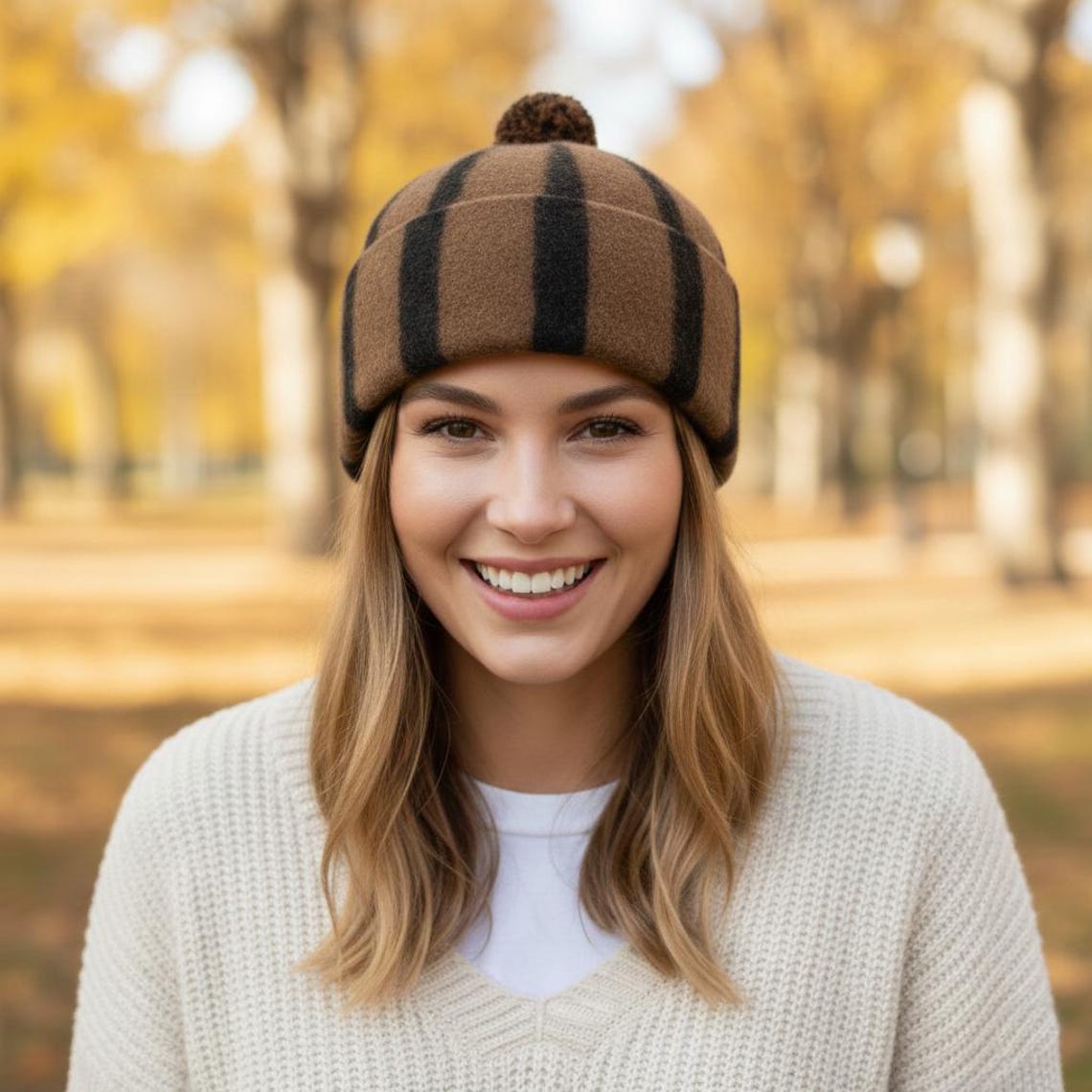 Handcrafted Light Brown and Black Striped Wool Hat With Pom-pom, Cozy ...