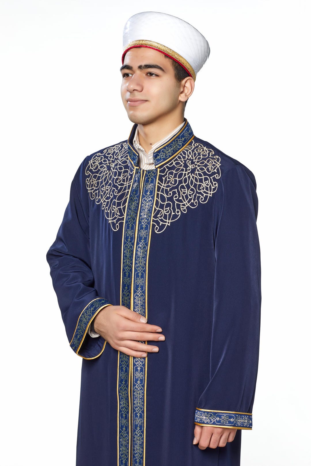 Kayrevan Dark Blue Muslim Long Kurta, Islamic Mens Wear, Embroidered ...
