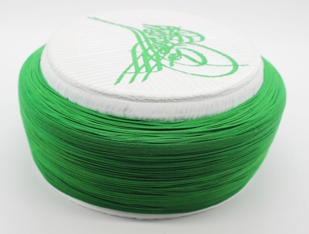 Handmade White & Green Sarik, Takke, Islam Prayer Hat With Embroidered ...