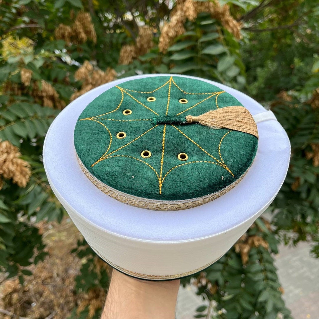 Green and White Classic Imams Hat, Taqiyyah Islamic Prayer Hat With ...