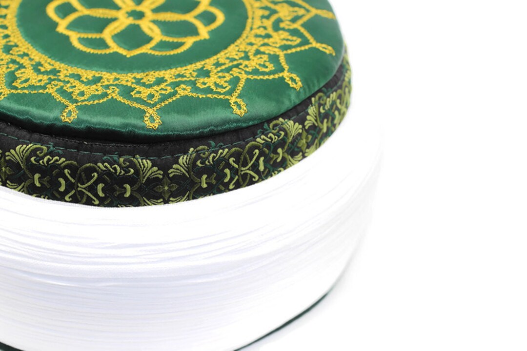 Handmade White & Green Sarik, Takke, Islam Prayer Hat With Ribbon, Kofi ...