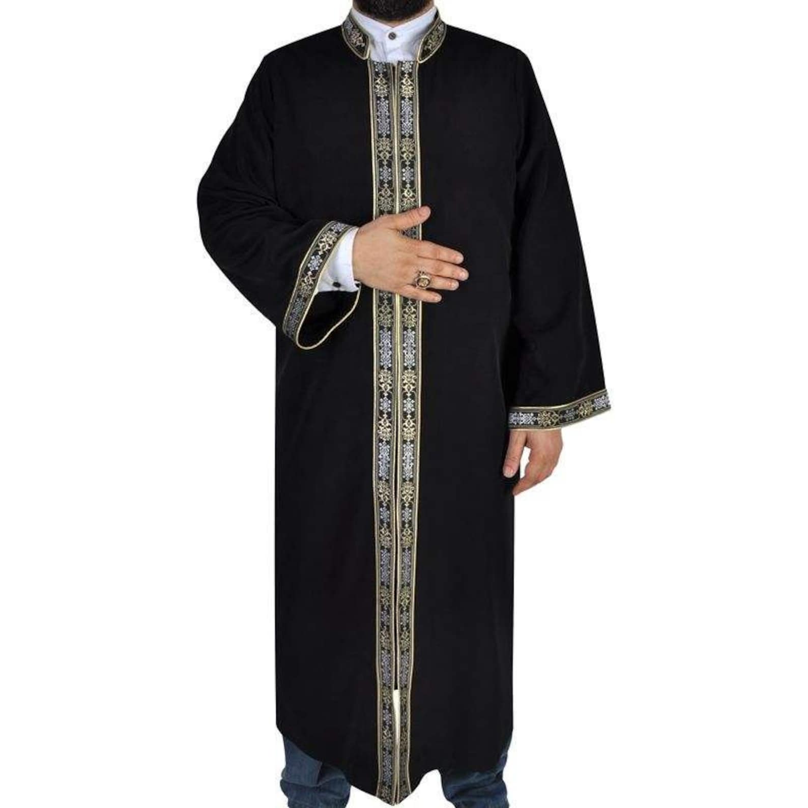 Black Long Kurta, Jubbah, Mens Islamic Wear Black Thobe With Bordures ...