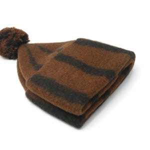 Handcrafted Brown and Black Striped Wool Hat With Pom-pom, Cozy Autumn ...