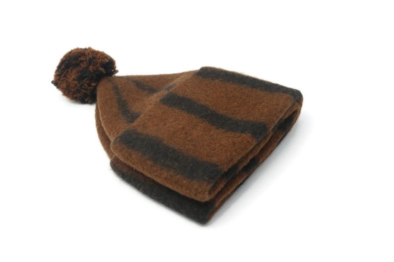 Handcrafted Brown and Black Striped Wool Hat With Pom-pom, Cozy Autumn ...