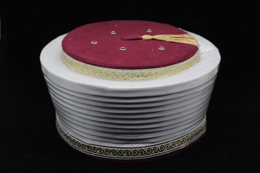 Claret Red & White Classic Taqiyyah Islamic Prayer Hat With Tassel ...