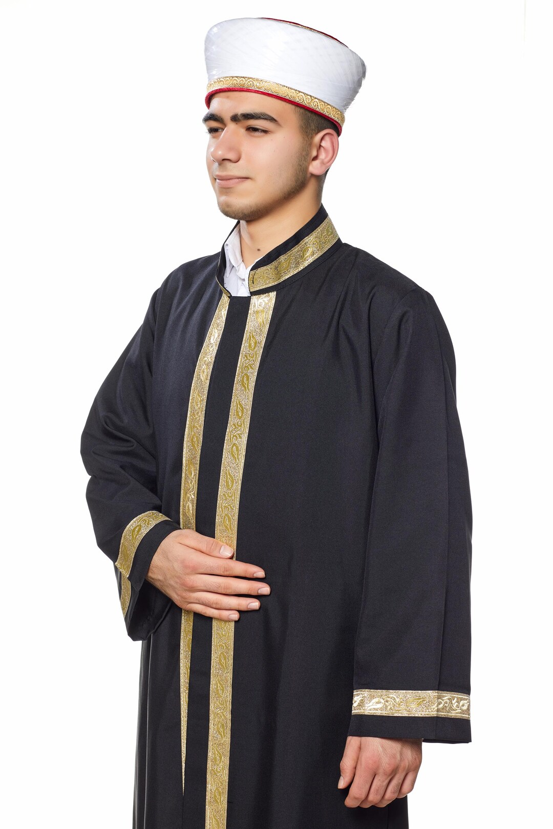Kādis Mens Islamic Wear Black Thobe With Bordures, Black Daffah, Thawb ...