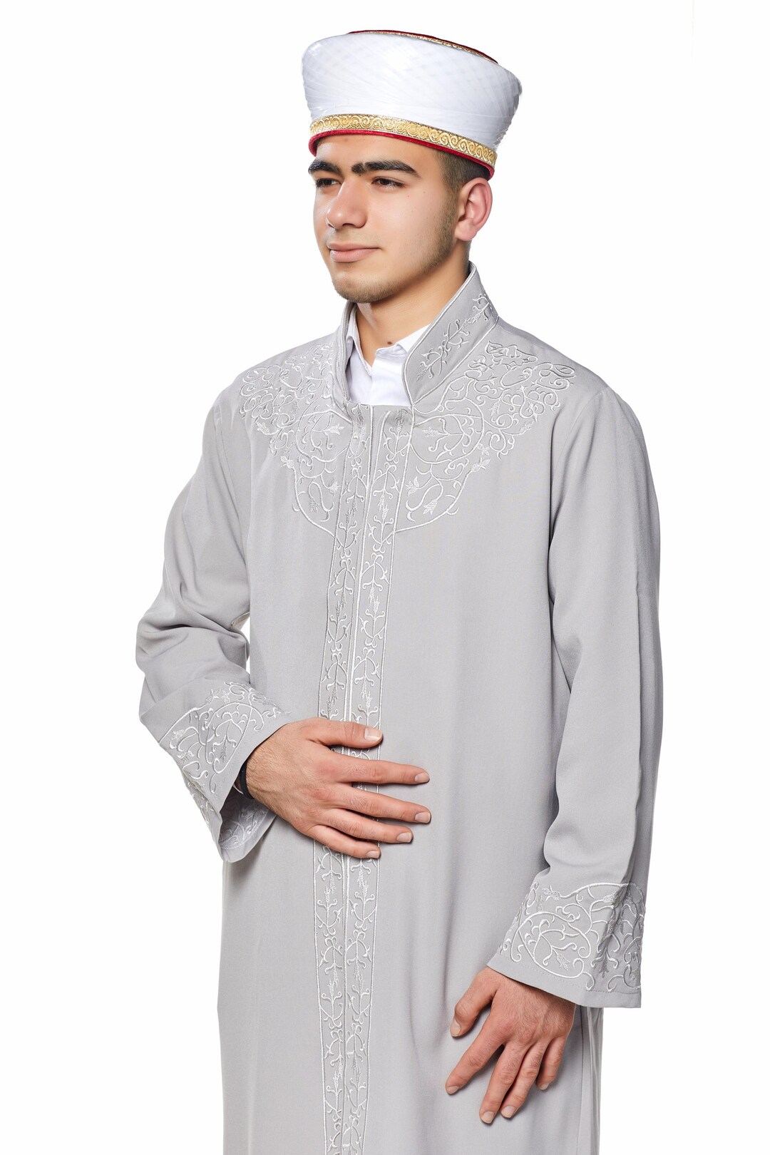 Mirac Gray Muslim Long Kurta, Islamic Mens Wear, Embroidered Thobe ...