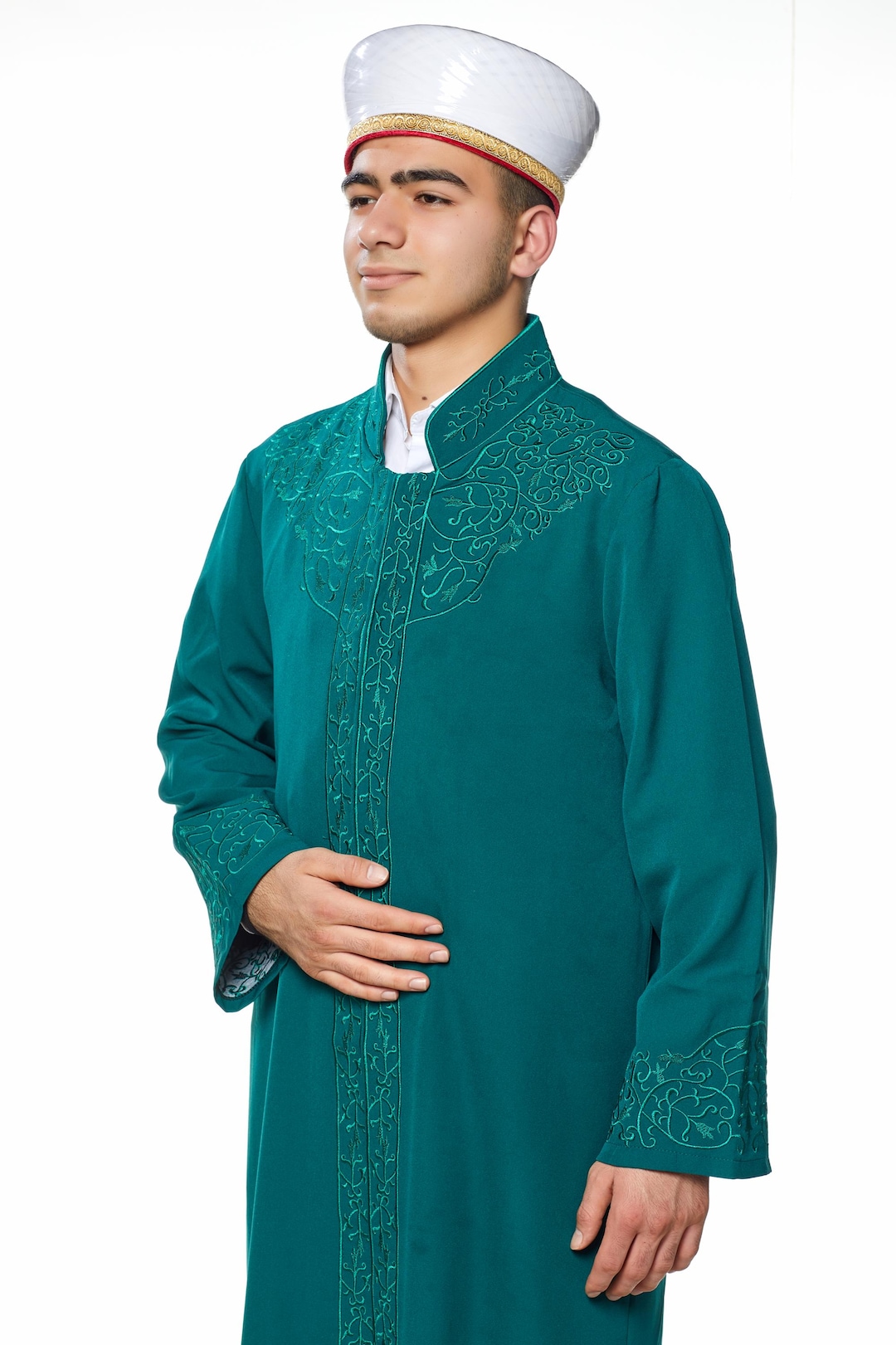 Mirac Green Muslim Long Kurta, Muslim Mens Wear, Embroidered Thobe ...