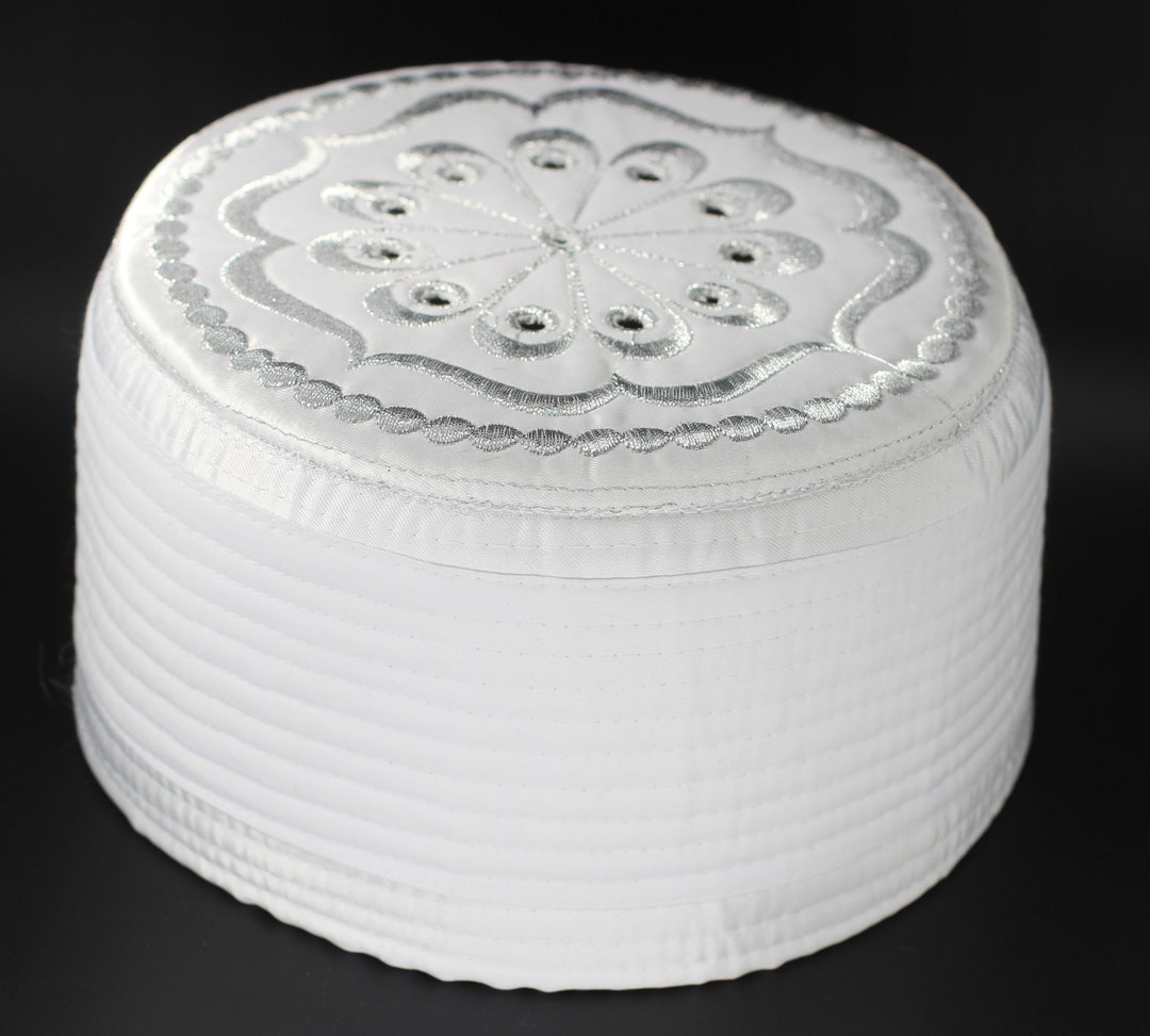 White Taqiyah With Islamic Motif, Sunnah Wear, Muslim Hat, Muslim Cap, Islamic Gift, Koofi ...