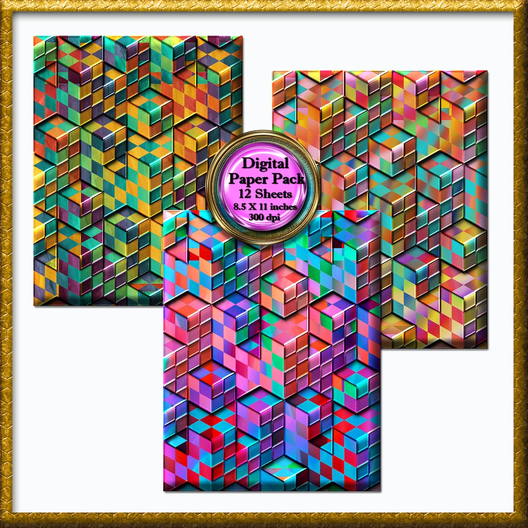 12 Digital Paper, Abstract Checkered Digital Paper Pack, Cubes ...