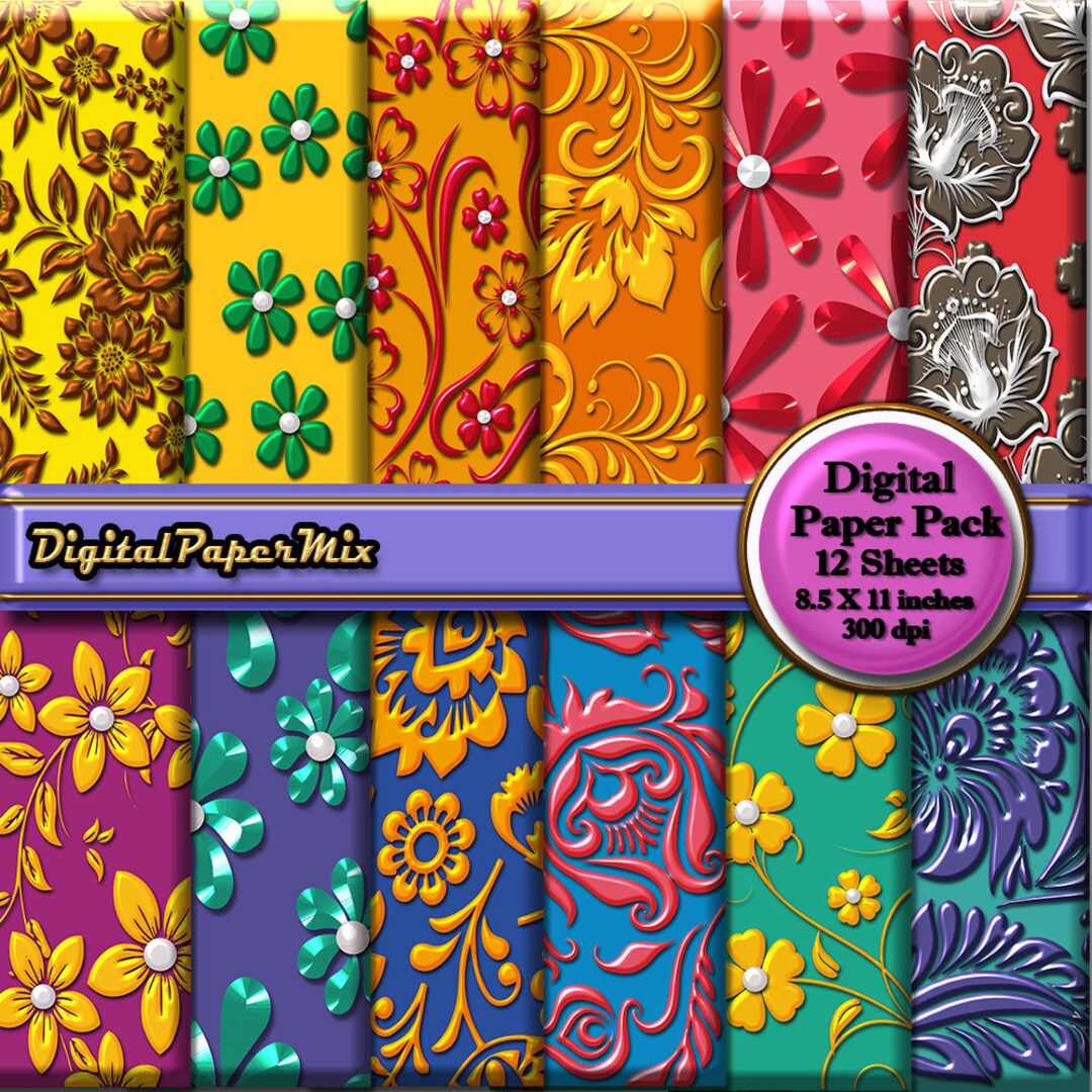 Multi Color Flowers Digital Paper, Digital Paper Background, Rainbow ...