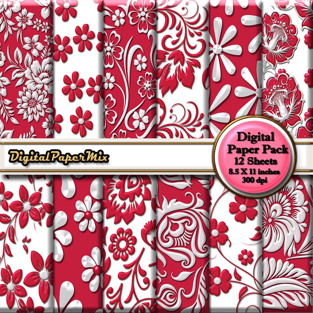Digital Paper, Red White Floral Digital Paper, Red & White Digital ...