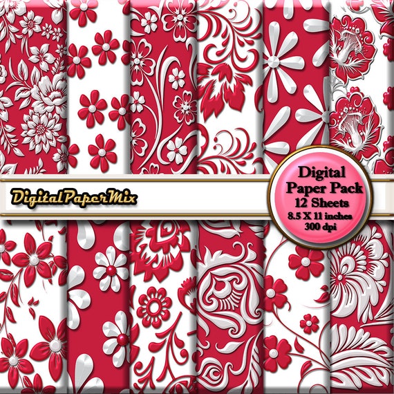 Digital Paper Red White Floral Digital Paper Red & White | Etsy