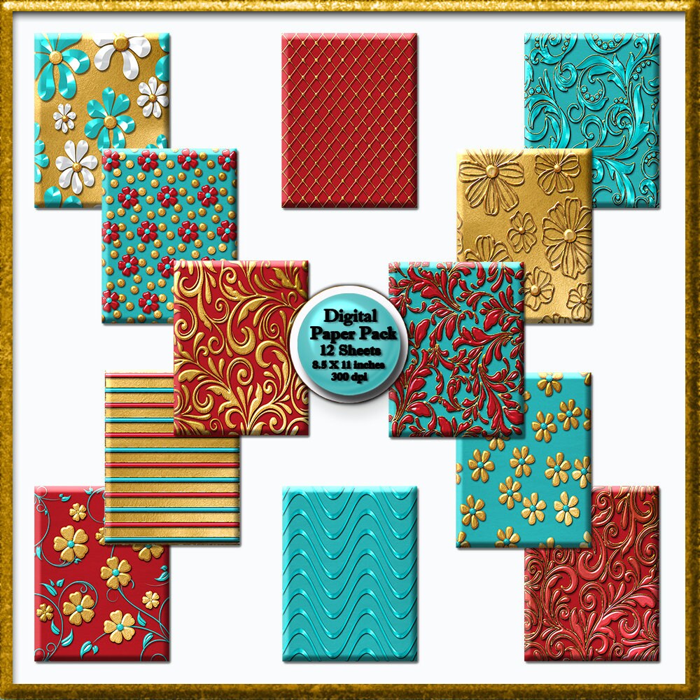 Digital Paper, Aqua Red Floral Printable Paper, Gold Flowers Digital ...