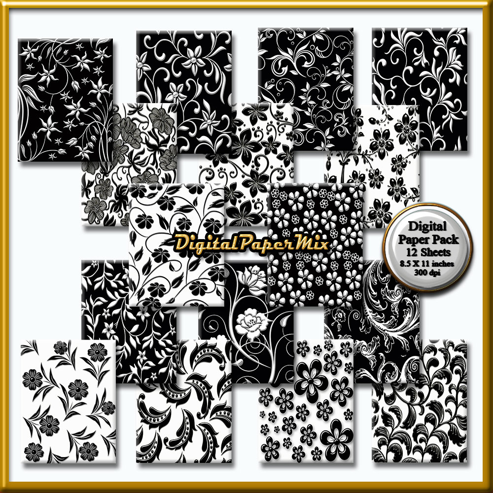 Black White Digital Paper, Floral Digital Paper Backgrounds, Printable ...