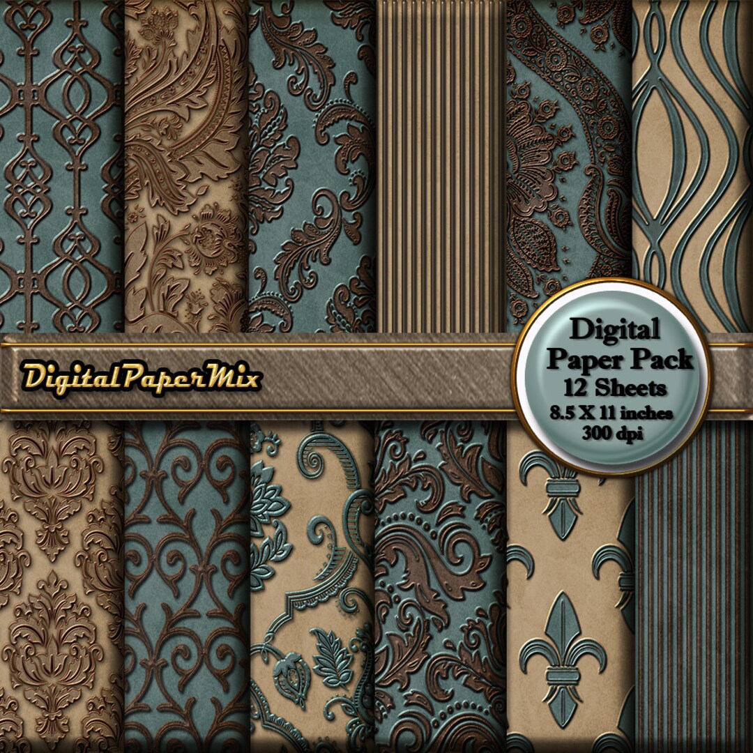 Vintage Digital Paper, Tan Teal Digital Paper Pack Background ...