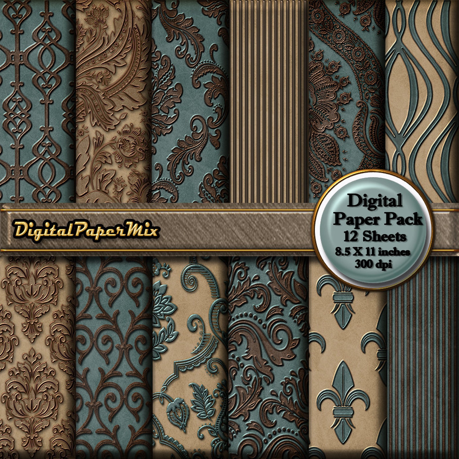 Vintage Digital Paper, Tan Teal Digital Paper Pack Background ...