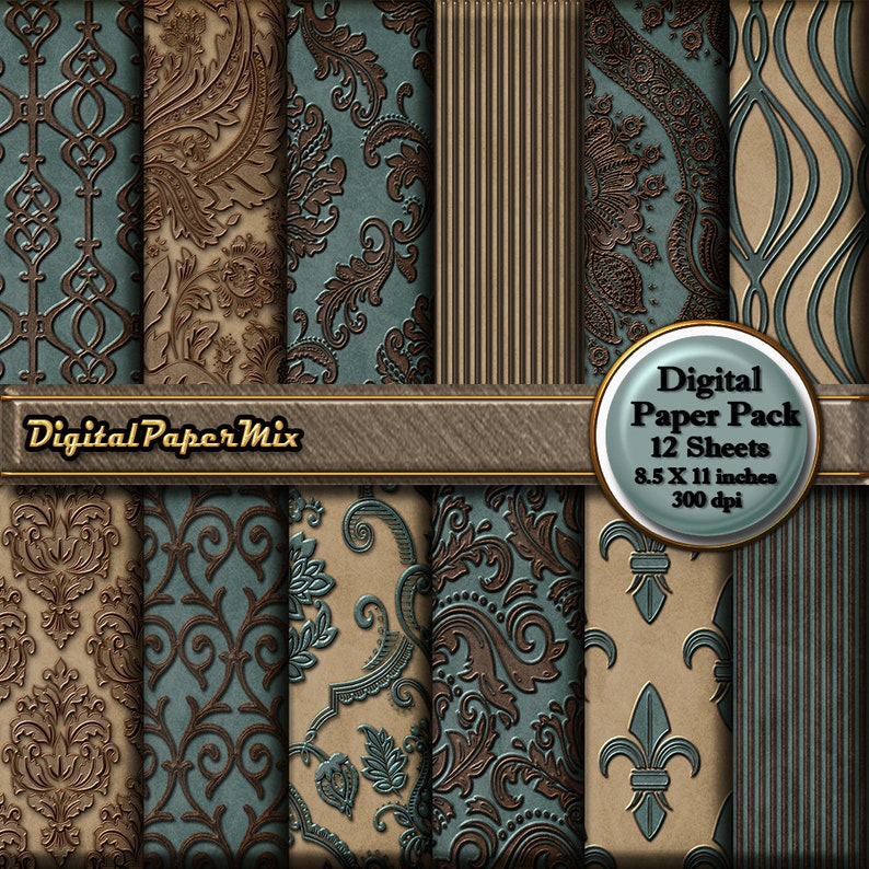 Vintage Digital Paper, Tan Teal Digital Paper Pack Background ...