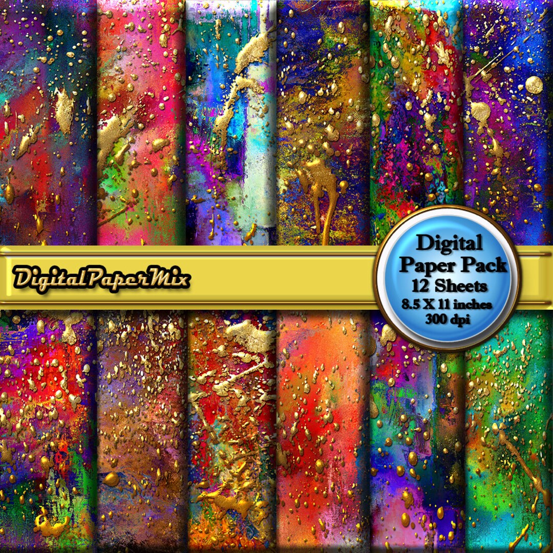 Abstract Digital Paper, Splash Gold Scrapbook Paper Pack, Splatter ...