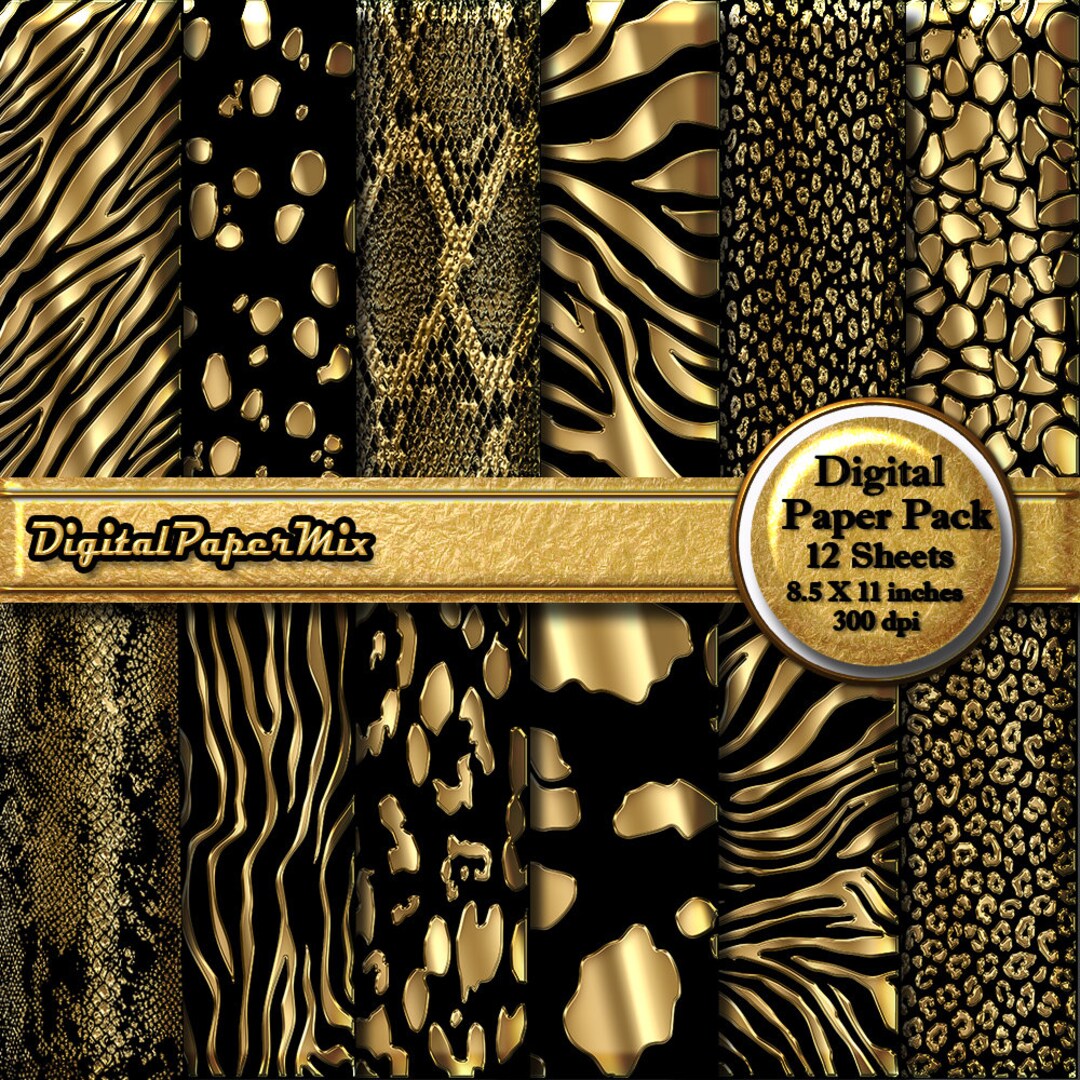 Animal Print Digital Paper, Gold Black Scrapbook Paper, Metallic Gold ...
