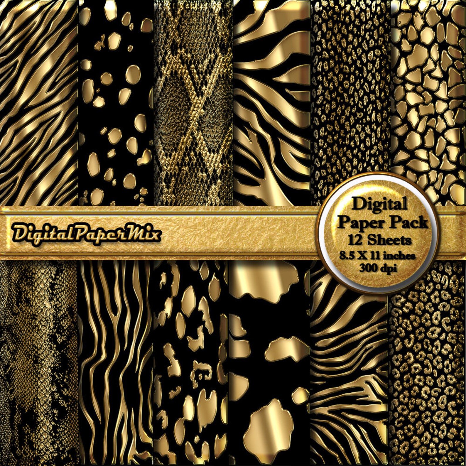 Animal Print Digital Paper, Gold Black Scrapbook Paper, Metallic Gold ...