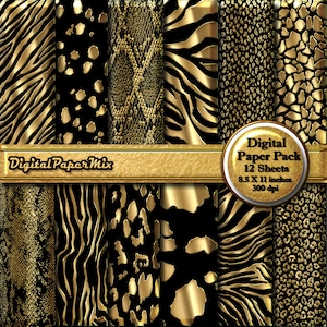 Animal Print Digital Paper, Gold Black Scrapbook Paper, Metallic Gold ...