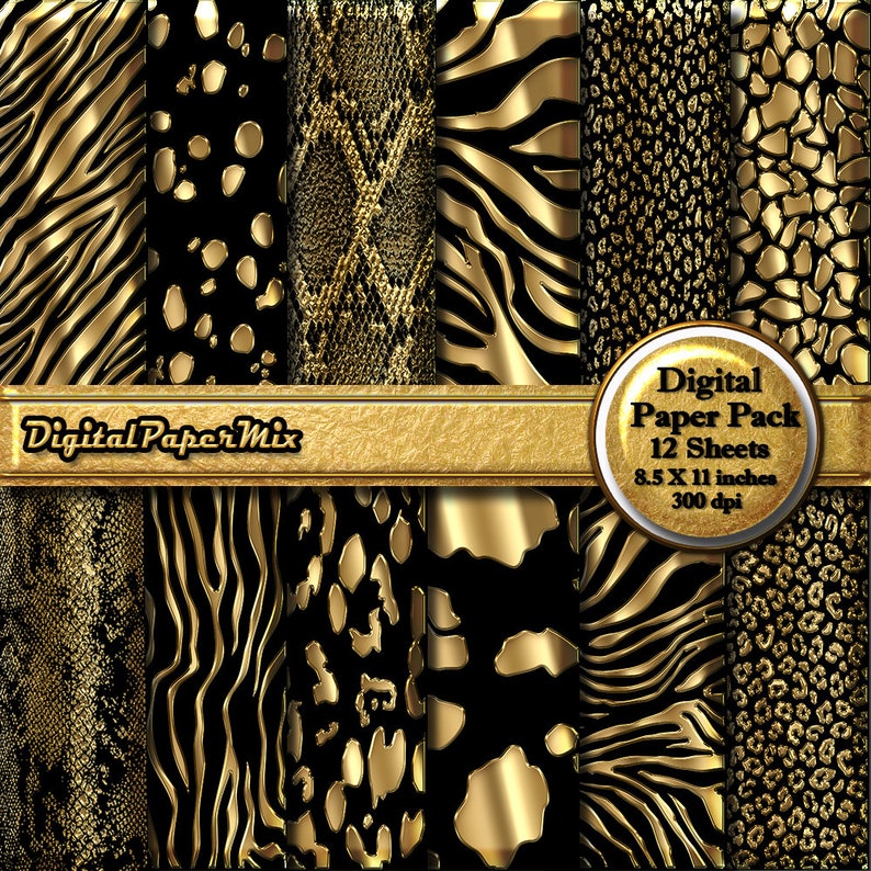 Animal Print Digital Paper, Gold Black Scrapbook Paper, Metallic Gold ...