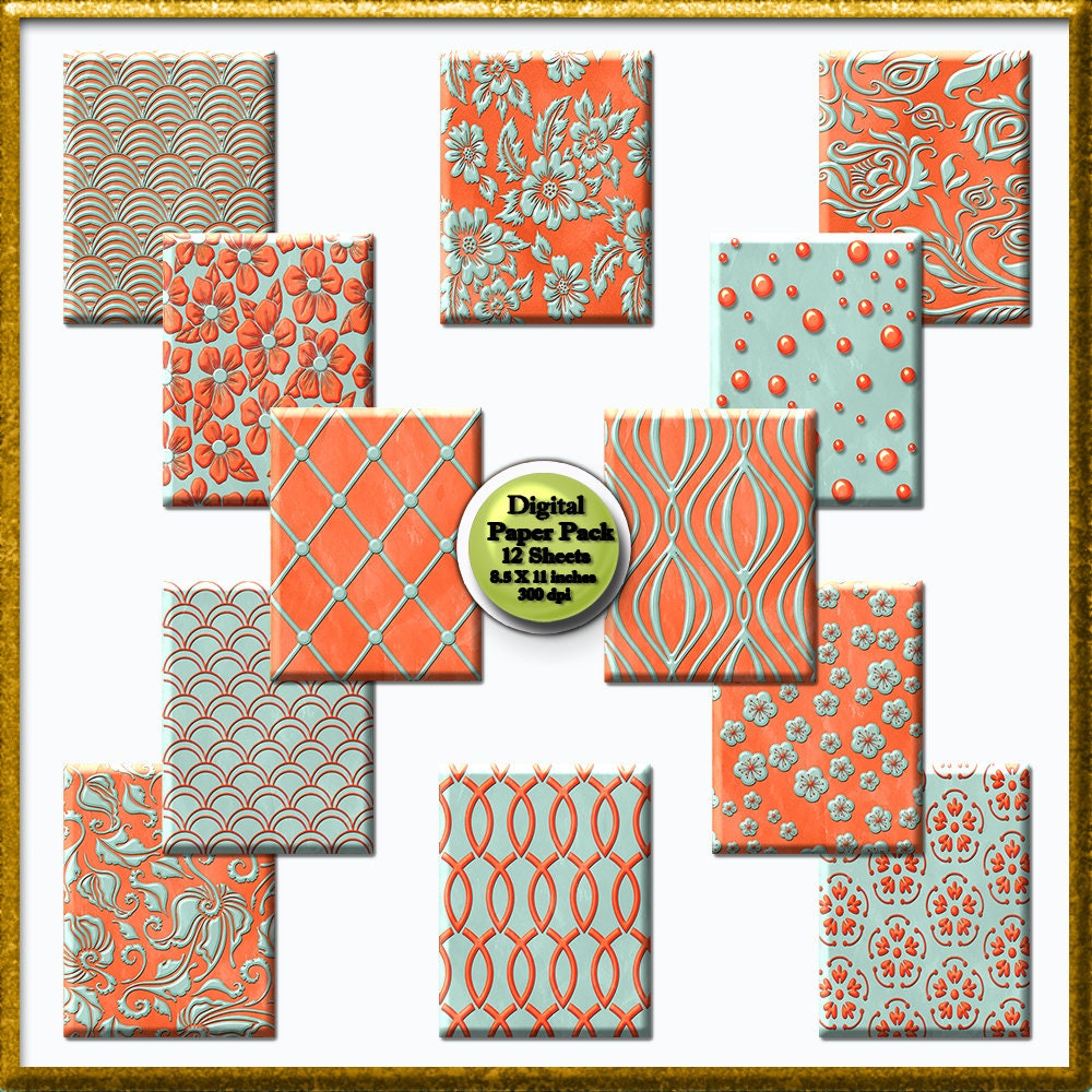 Digital Paper, Mint Green Orange Digital Paper, Printable Scrapbook ...