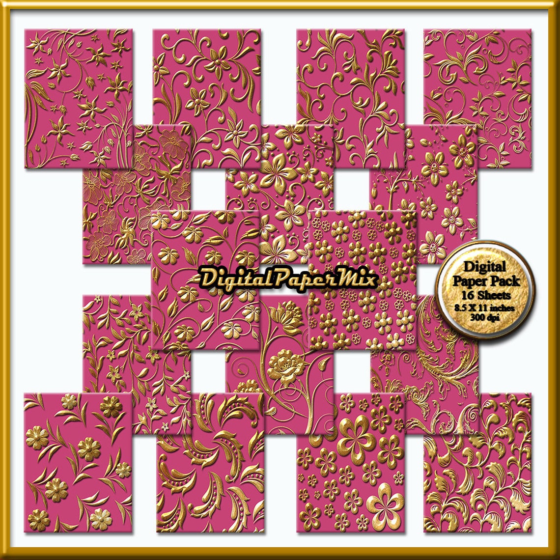 Pink Gold Digital Paper, Gold Digital Paper Patterns, Pink Gold Floral ...