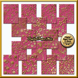 Pink Gold Digital Paper, Gold Digital Paper Patterns, Pink Gold Floral ...