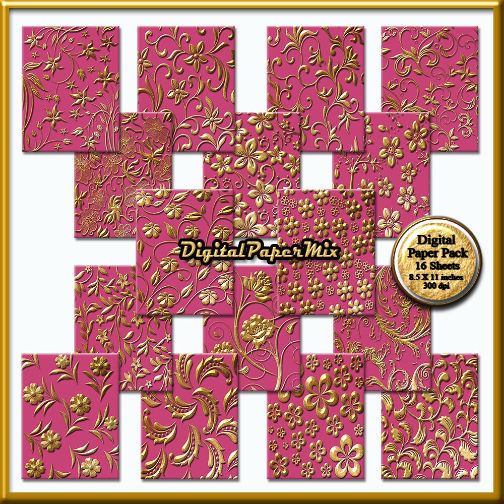 Pink Gold Digital Paper, Gold Digital Paper Patterns, Pink Gold Floral ...