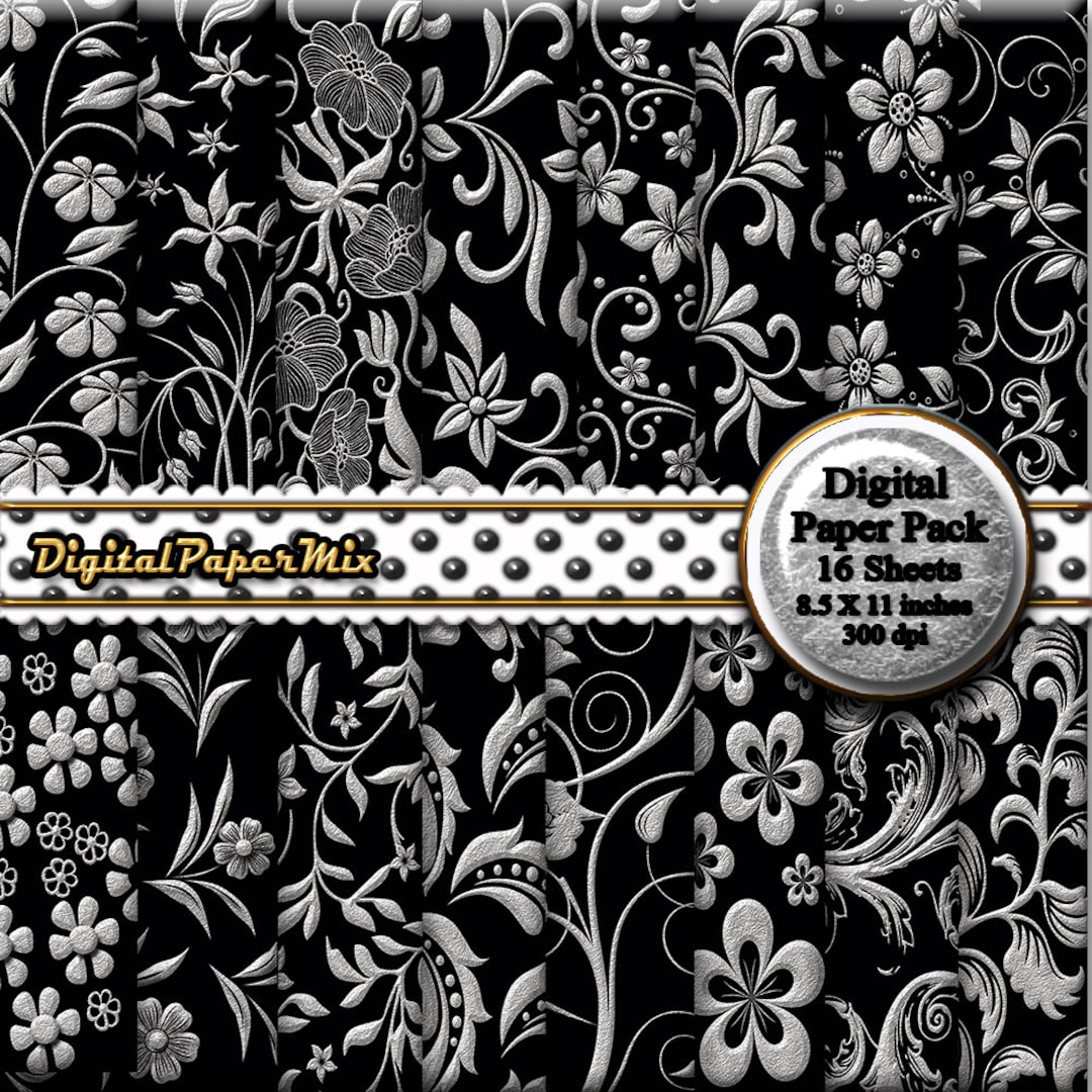 Black Silver Digital Paper, Floral Digital Paper Backgrounds, Printable ...