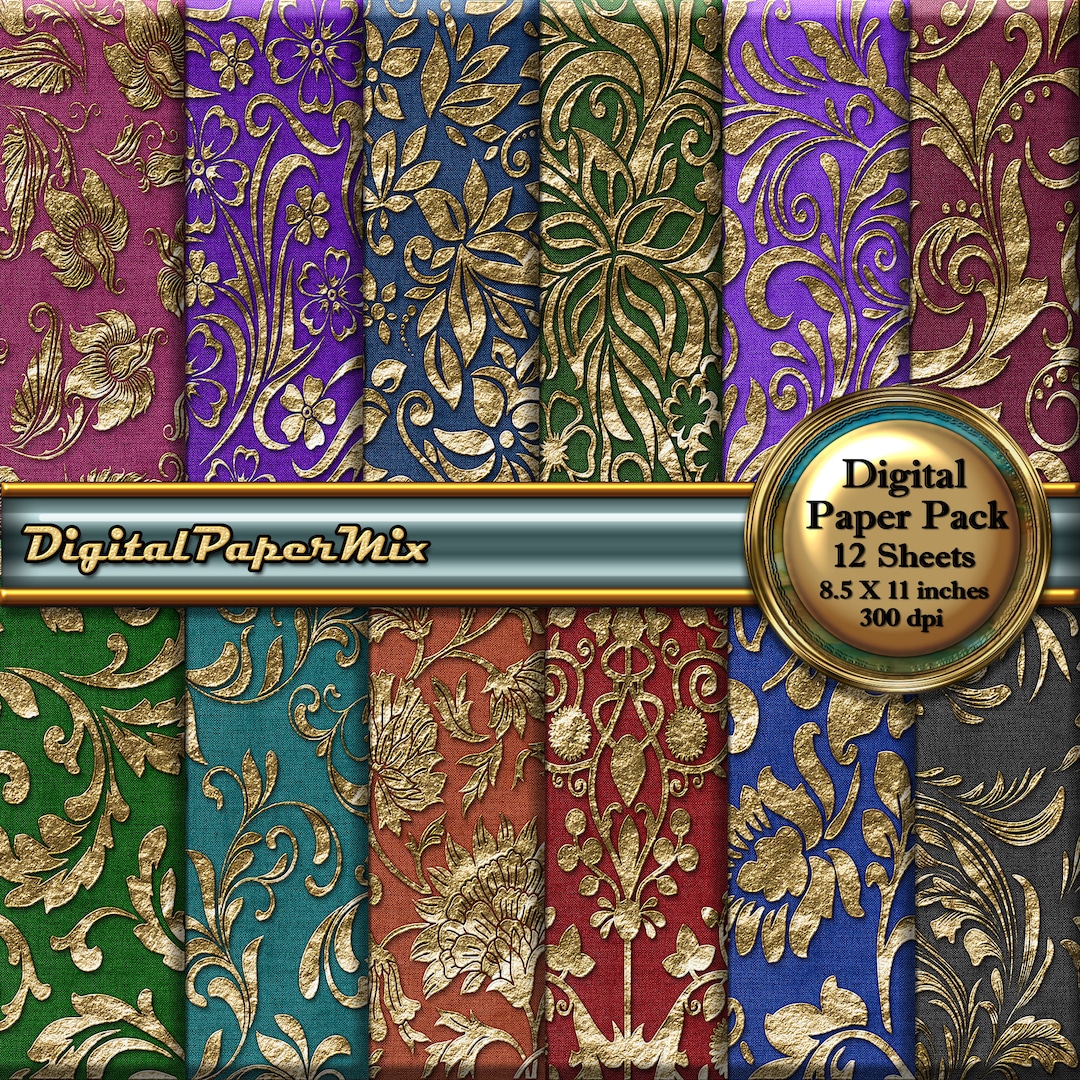 Digital Paper, Multi Color Gold Scrapbook Paper Pack, Floral Gold ...