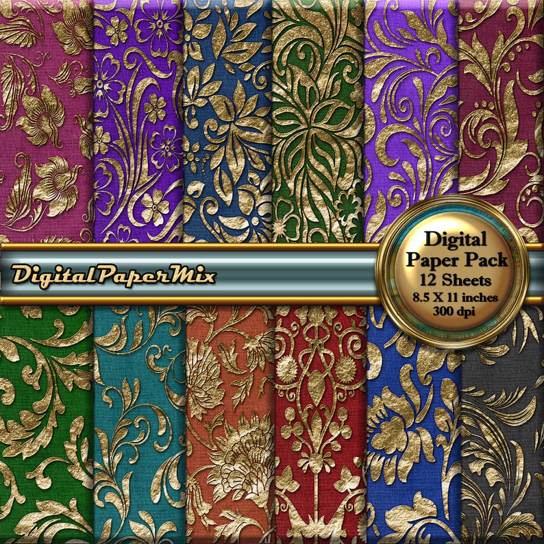 Digital Paper, Multi Color Gold Scrapbook Paper Pack, Floral Gold ...