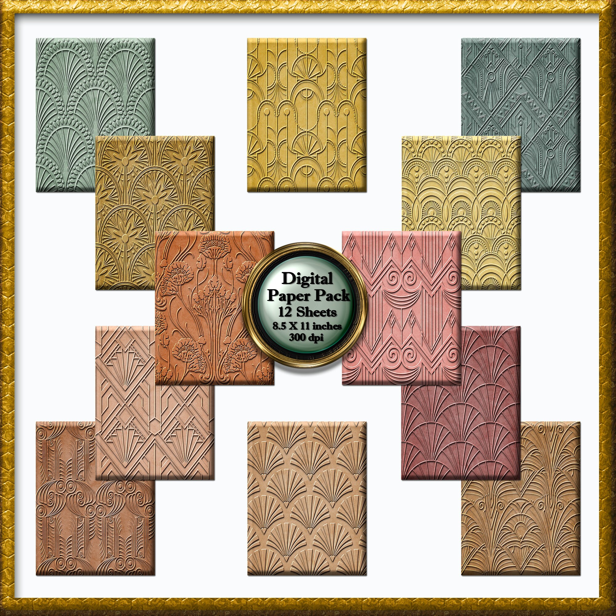 Vintage Digital Paper, Damask Art Deco Digital Paper Pack Background ...