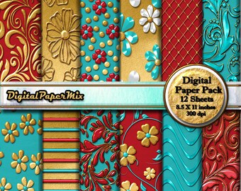 Aqua Purple Linen Digital Paper, Floral Printable Paper, Pink Flowers ...