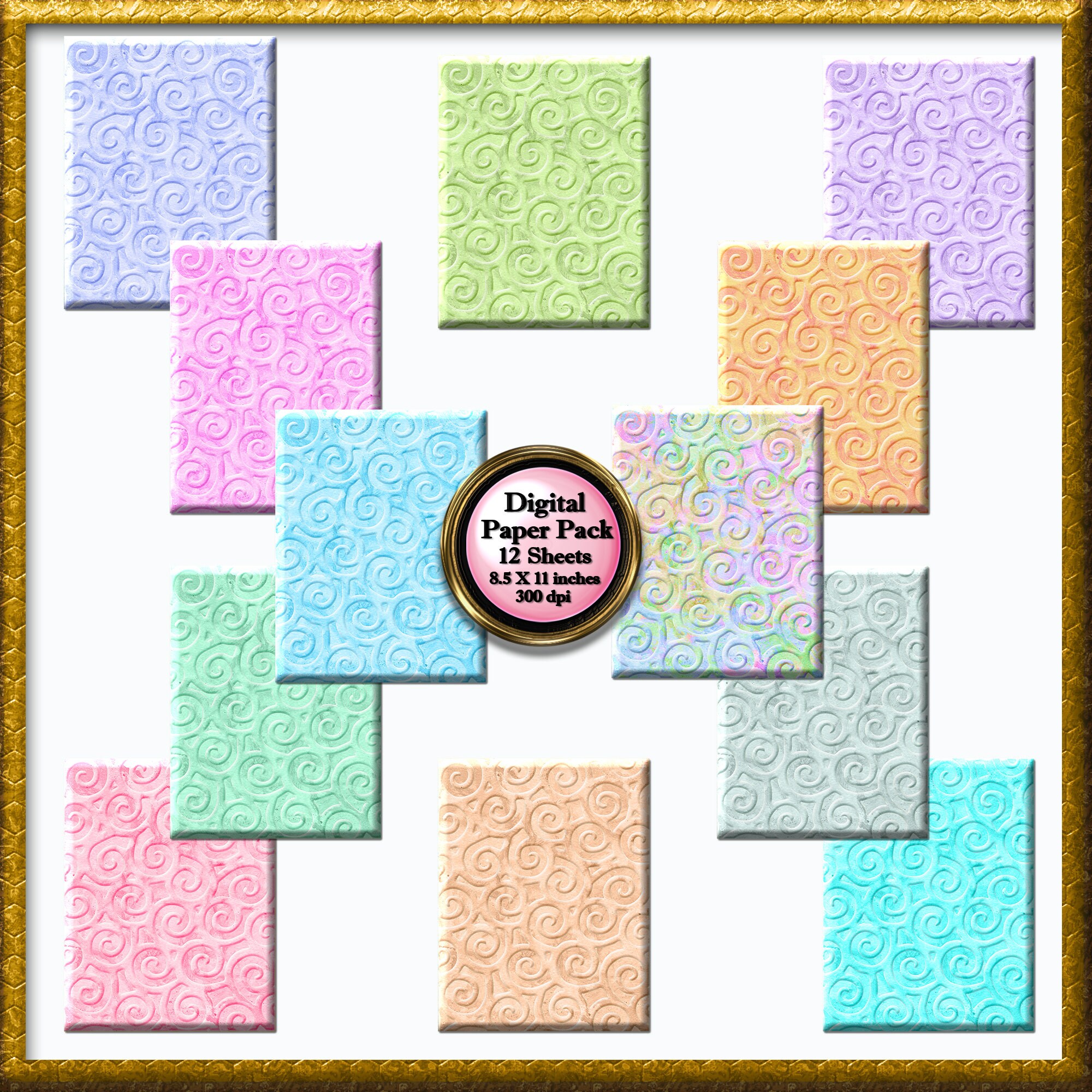Watercolor Damask Digital Paper, Pastel Watercolor Swirl Digital Paper ...