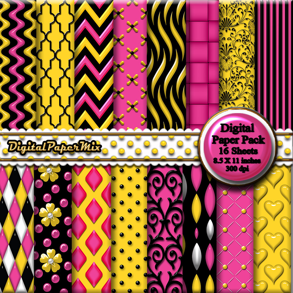 Pink Yellow Digital Paper, Pink Digital Paper Backgrounds, Yellow ...